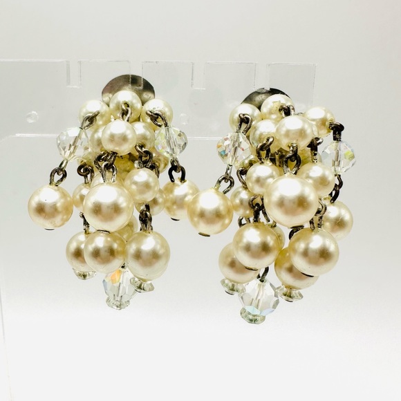 Jewelry | Vintage Faux Pearl Crystal Clip On Cha Cha Earrings Movement Fun Statement | Poshmark